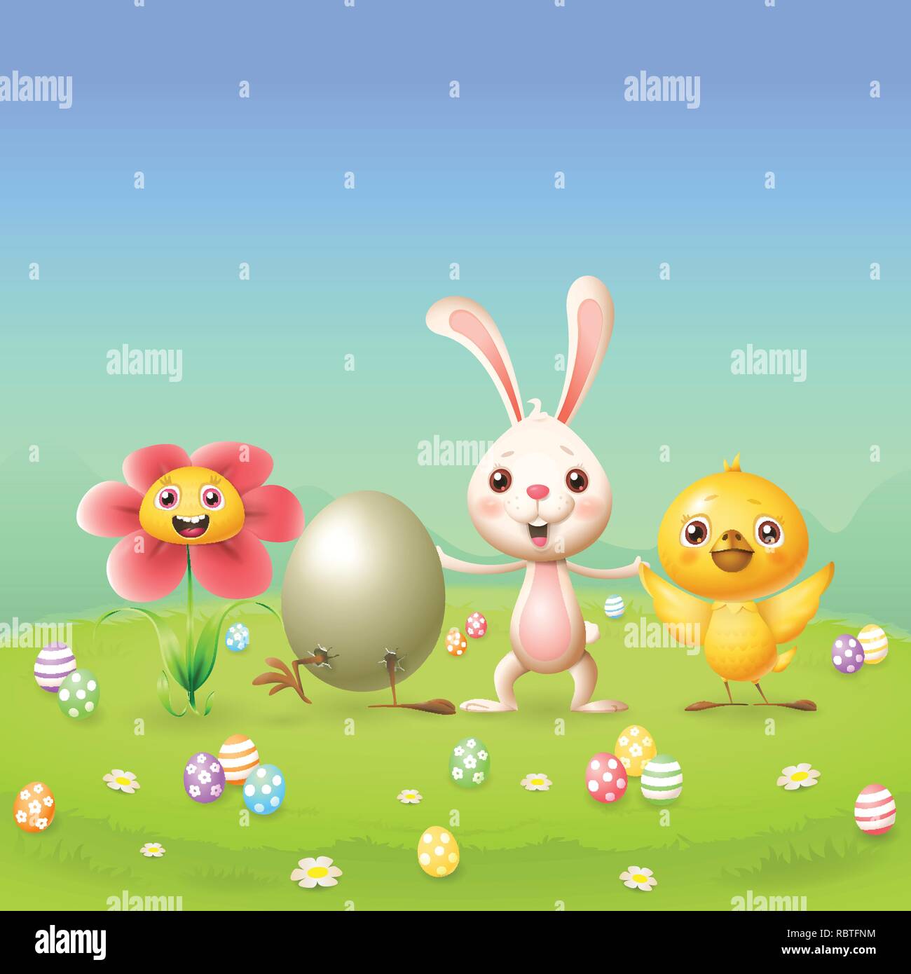 Happy friends celebrate Easter - spring landscape background - poster ...