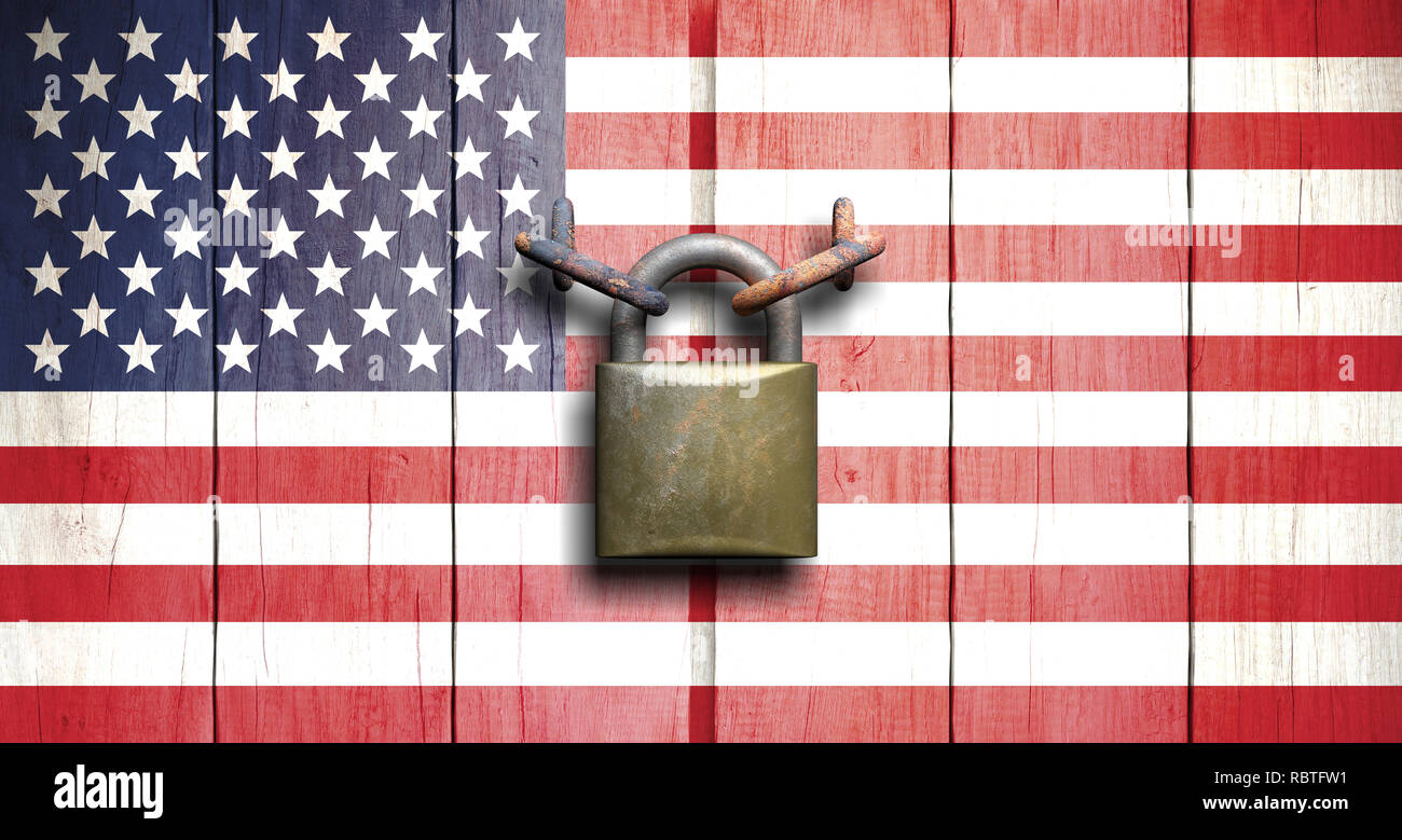 US government shutdown. US flag on wooden door closed with padlock. 3d ...
