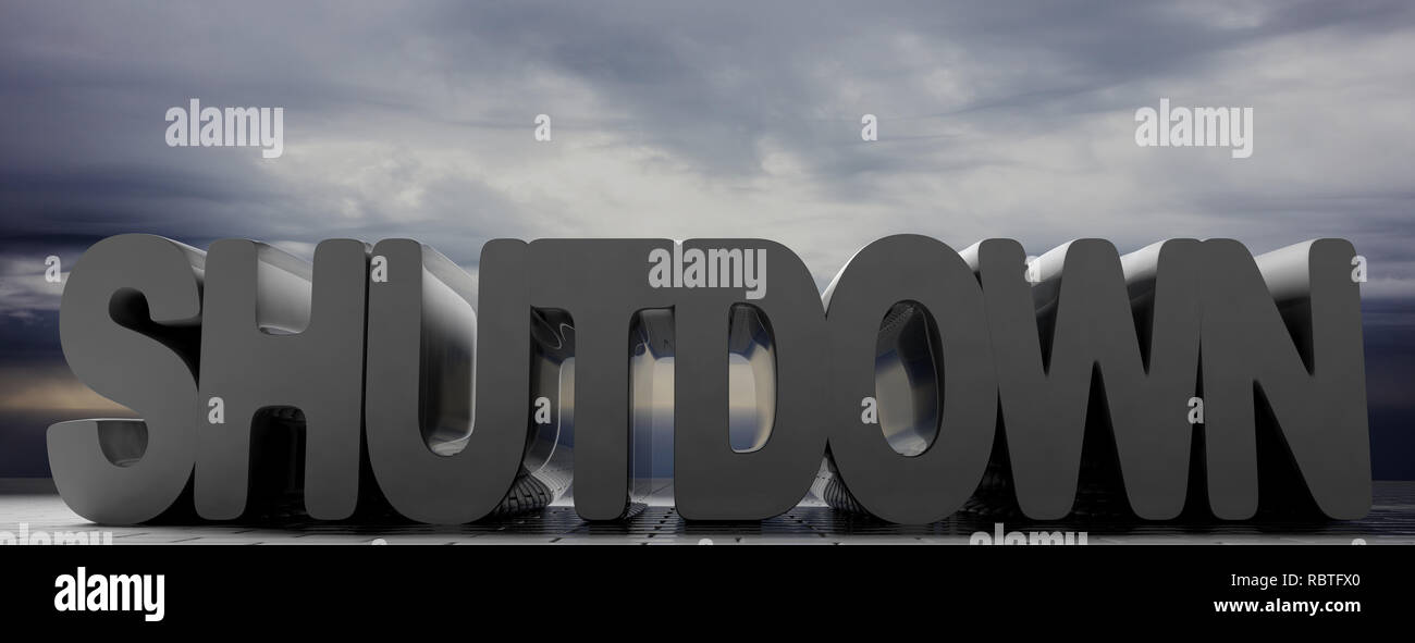 Shutdown, technology or government concept. Shutdown text on grey ...