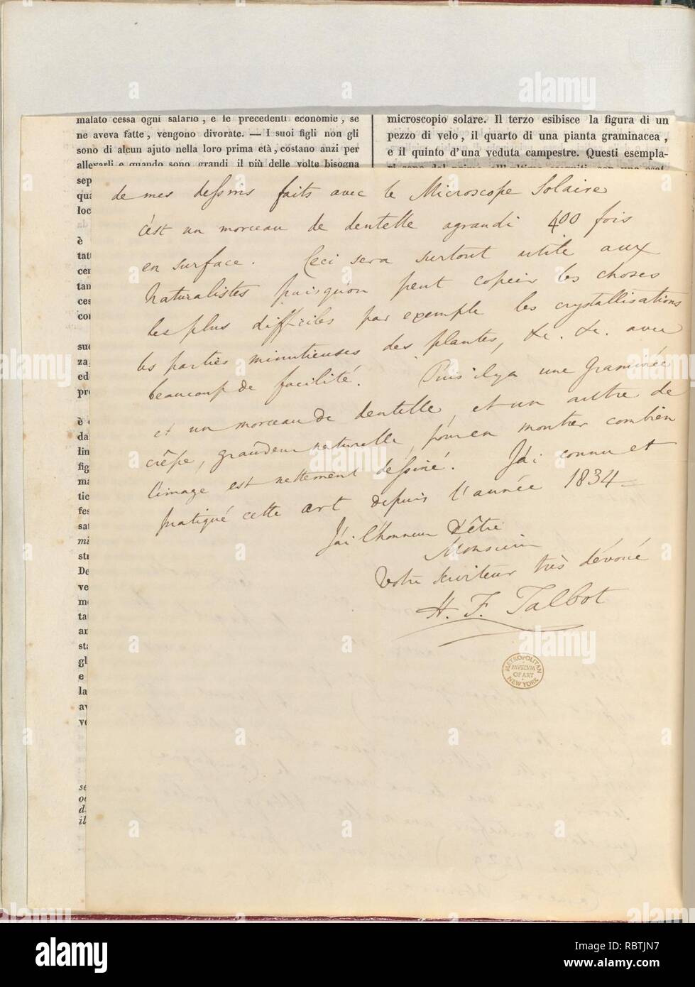 -Manuscript Letter from W. H. Fox Talbot to Antonio Bertoloni Stock ...