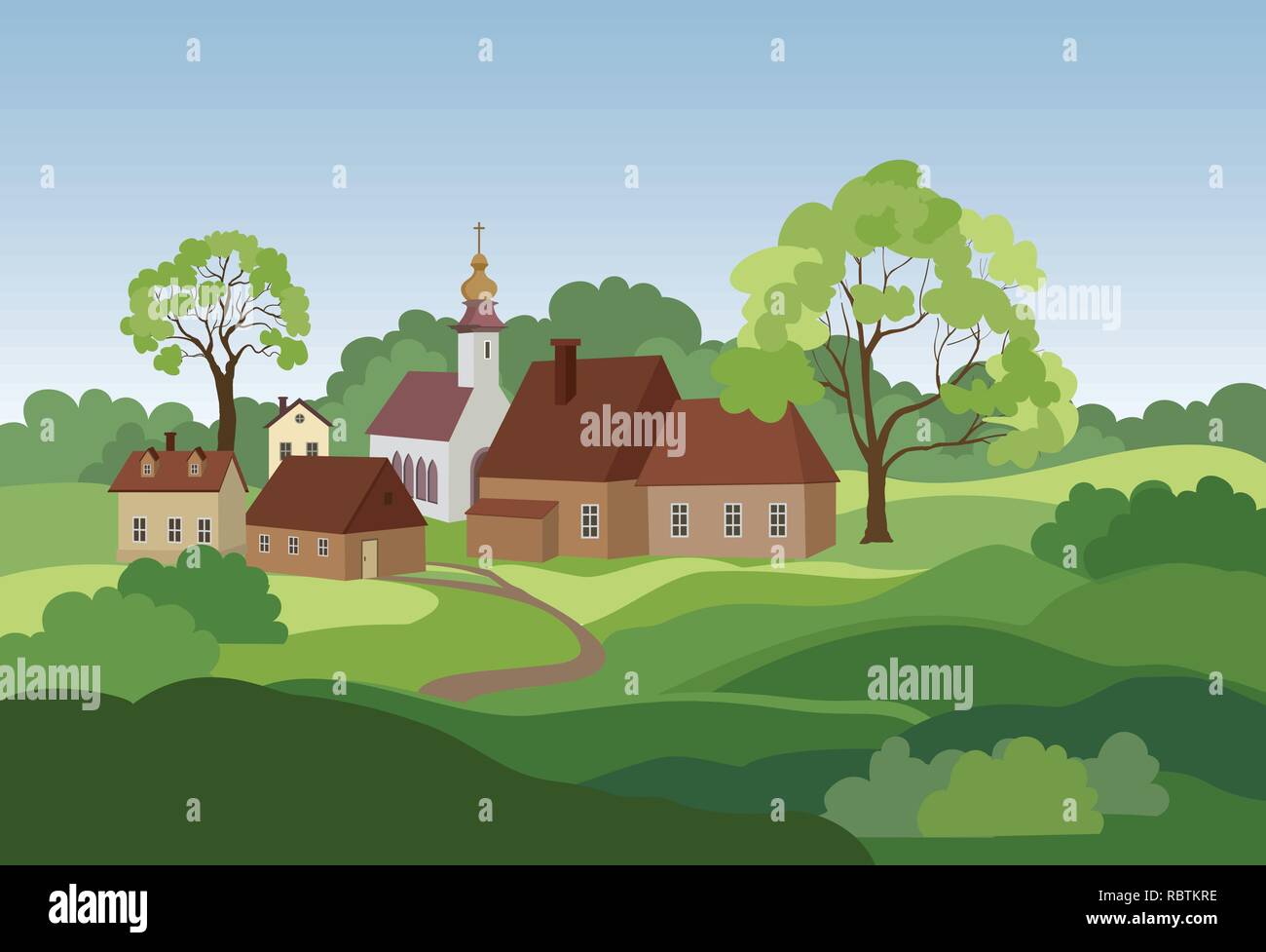 Rural landscape with hills, fields, trees and countryhouse. Countryside ...