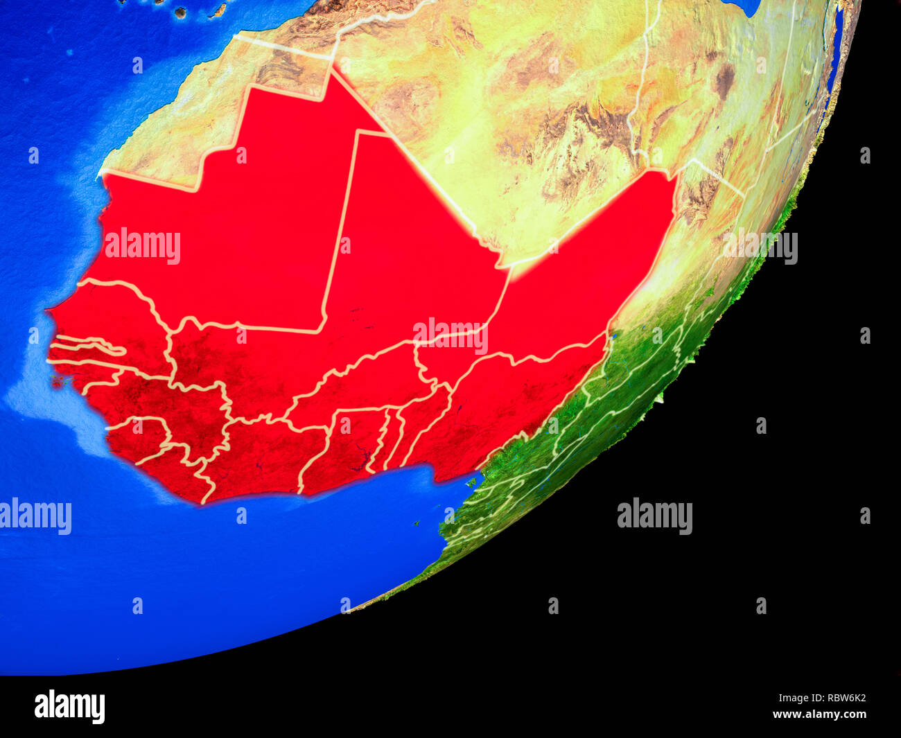 Western Africa on planet Earth with country borders and highly detailed ...