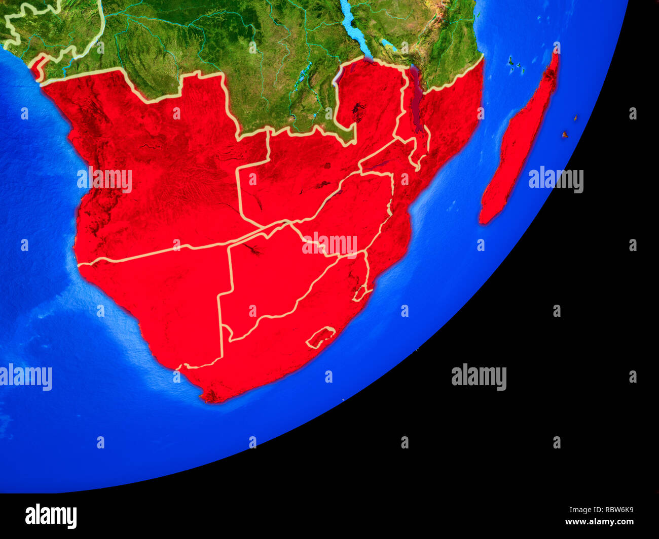 Southern Africa on planet Earth with country borders and highly ...