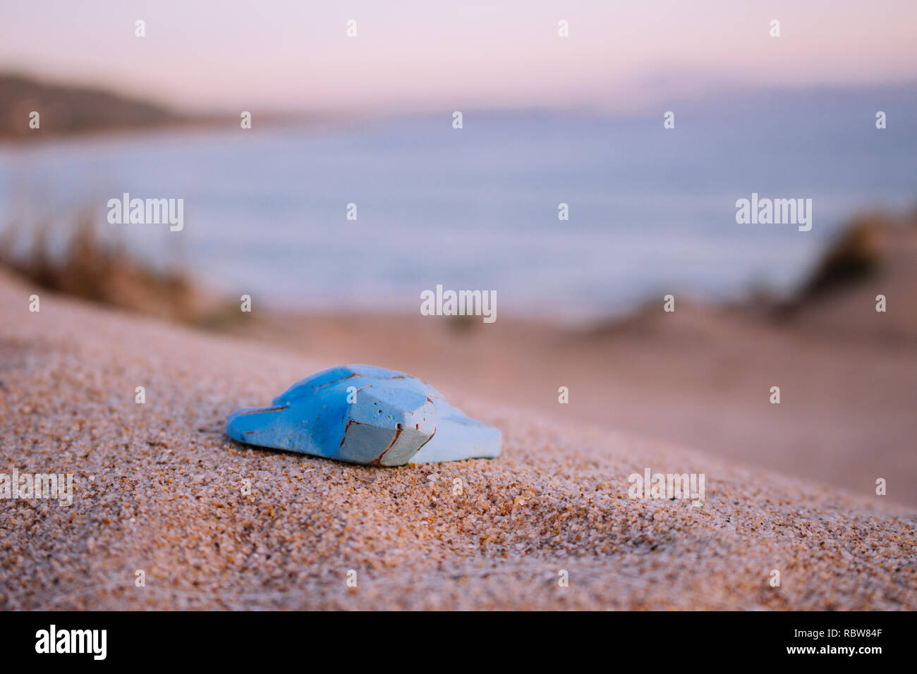 Blue wooden turtle on the beach. “Punta Paloma” beach. Atlantic ocean ...
