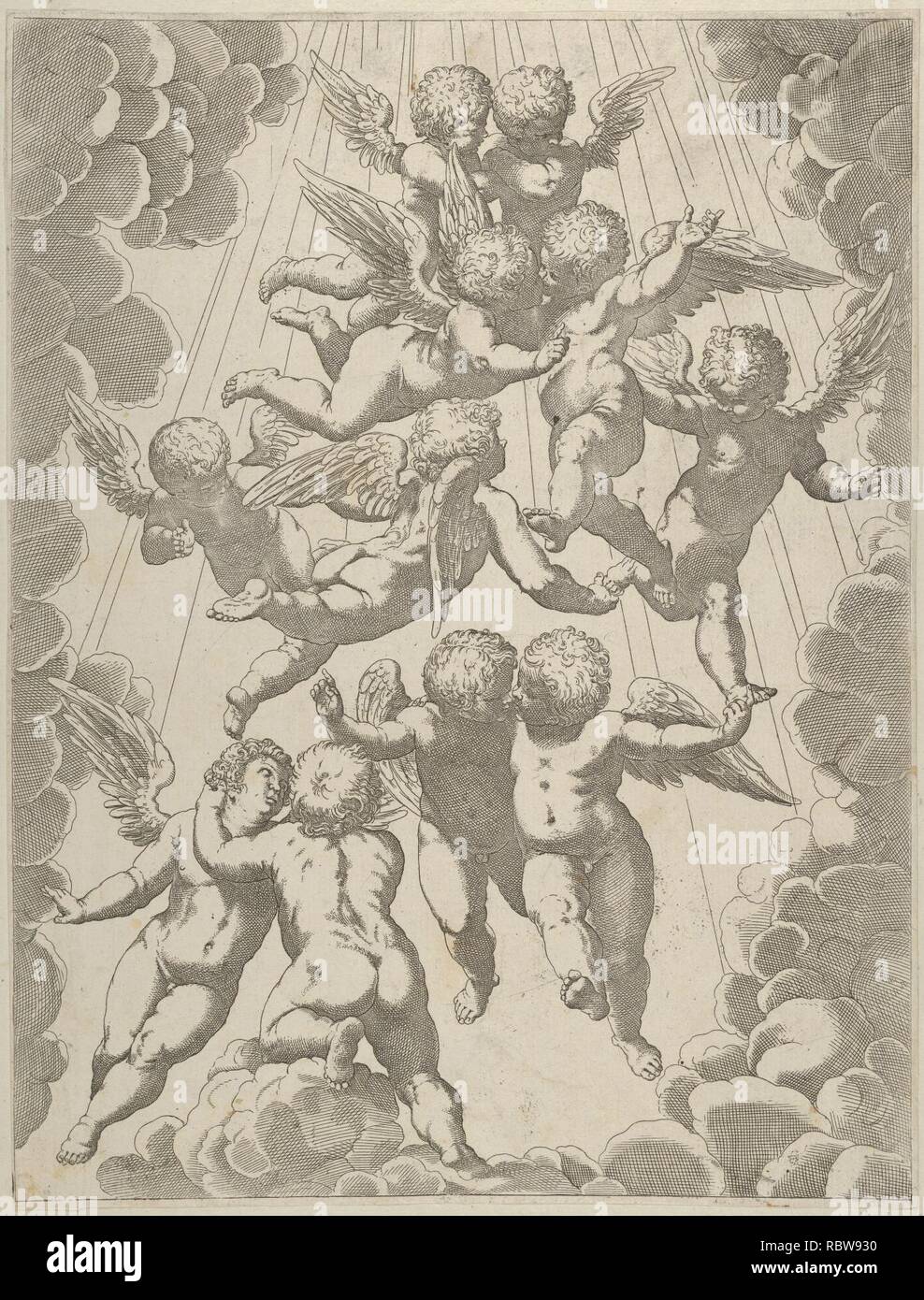 666413 A group of angels embracing in flight, framed by clouds, after ...