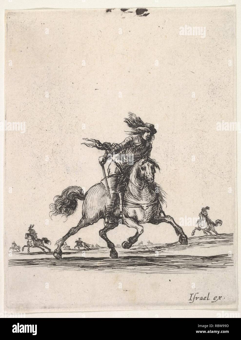 410813 A horseman galloping towards right with sword in hand, other ...