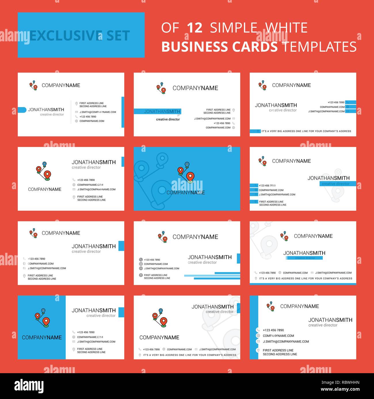 Set of 12 Map route Creative Busienss Card Template. Editable Creative ...