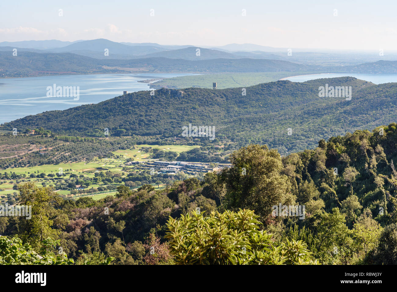 View of Tombolo della Feniglia in lagoon Orbetello and peninsula ...