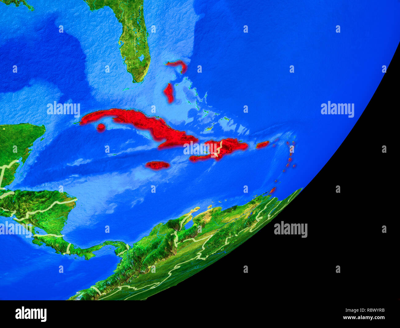 Caribbean on planet Earth with country borders and highly detailed ...