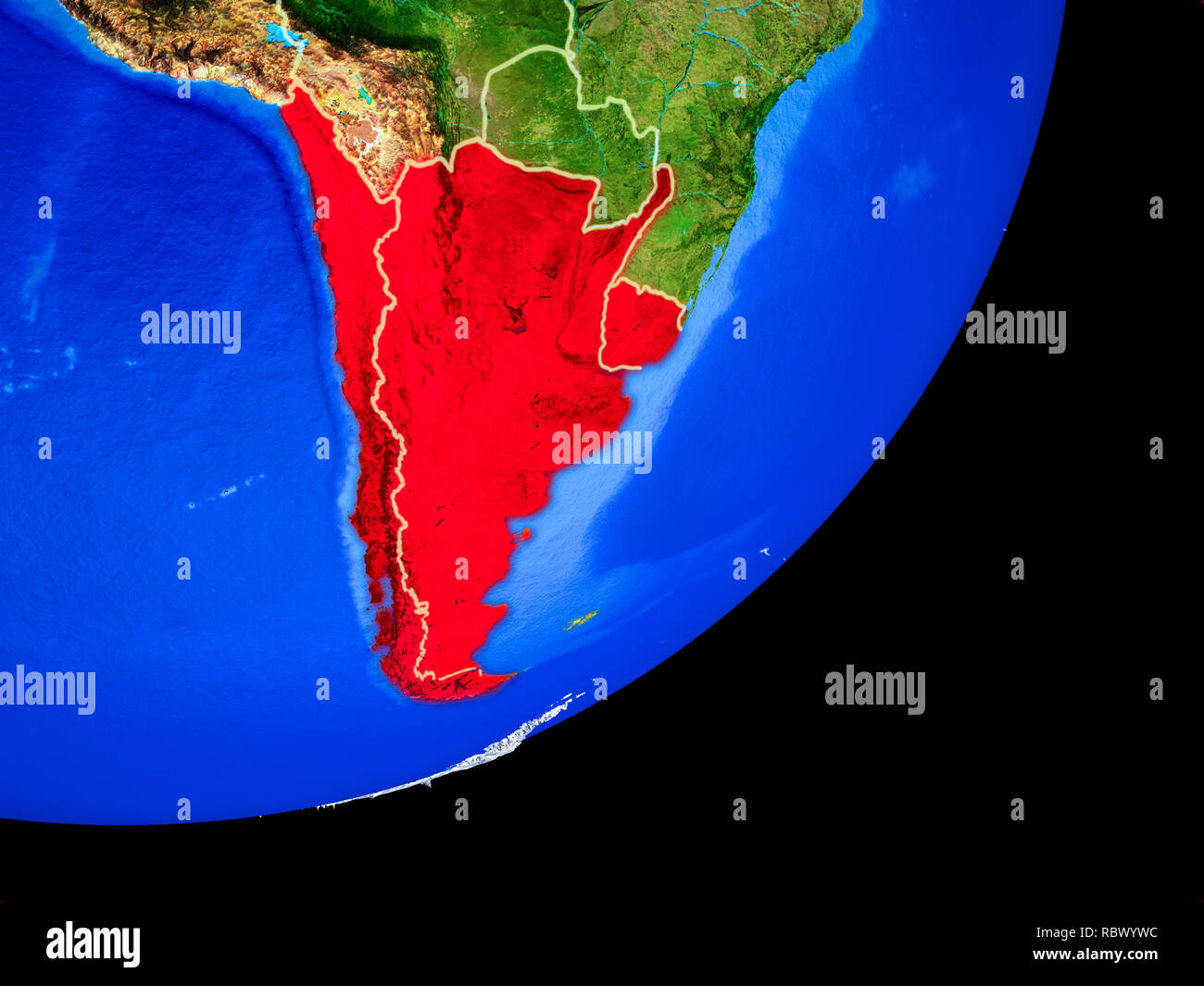 Southern Cone on planet Earth with country borders and highly detailed ...