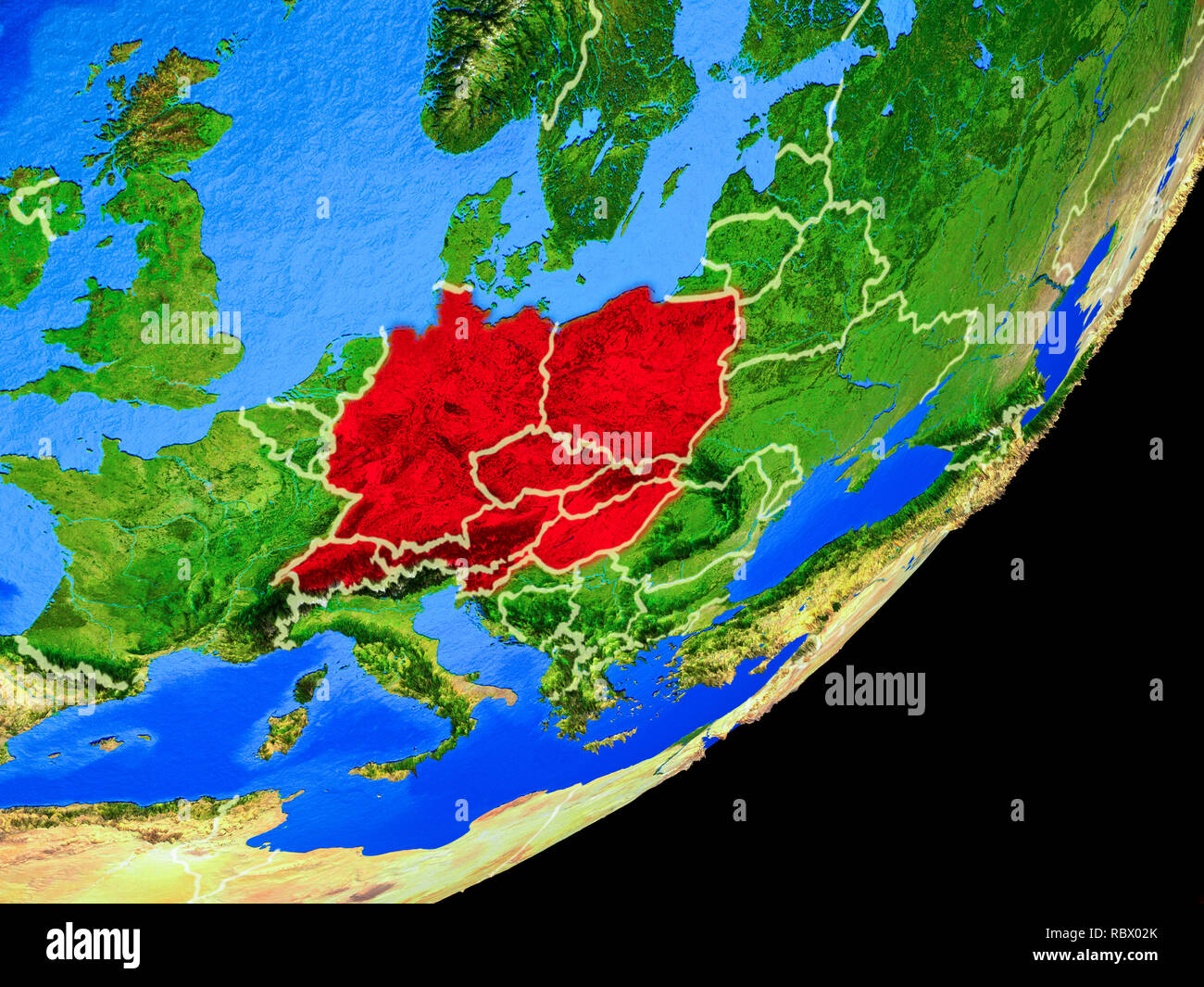 Central Europe on planet Earth with country borders and highly detailed ...