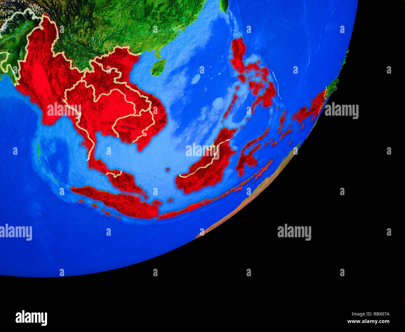 South East Asia on planet Earth with country borders and highly ...