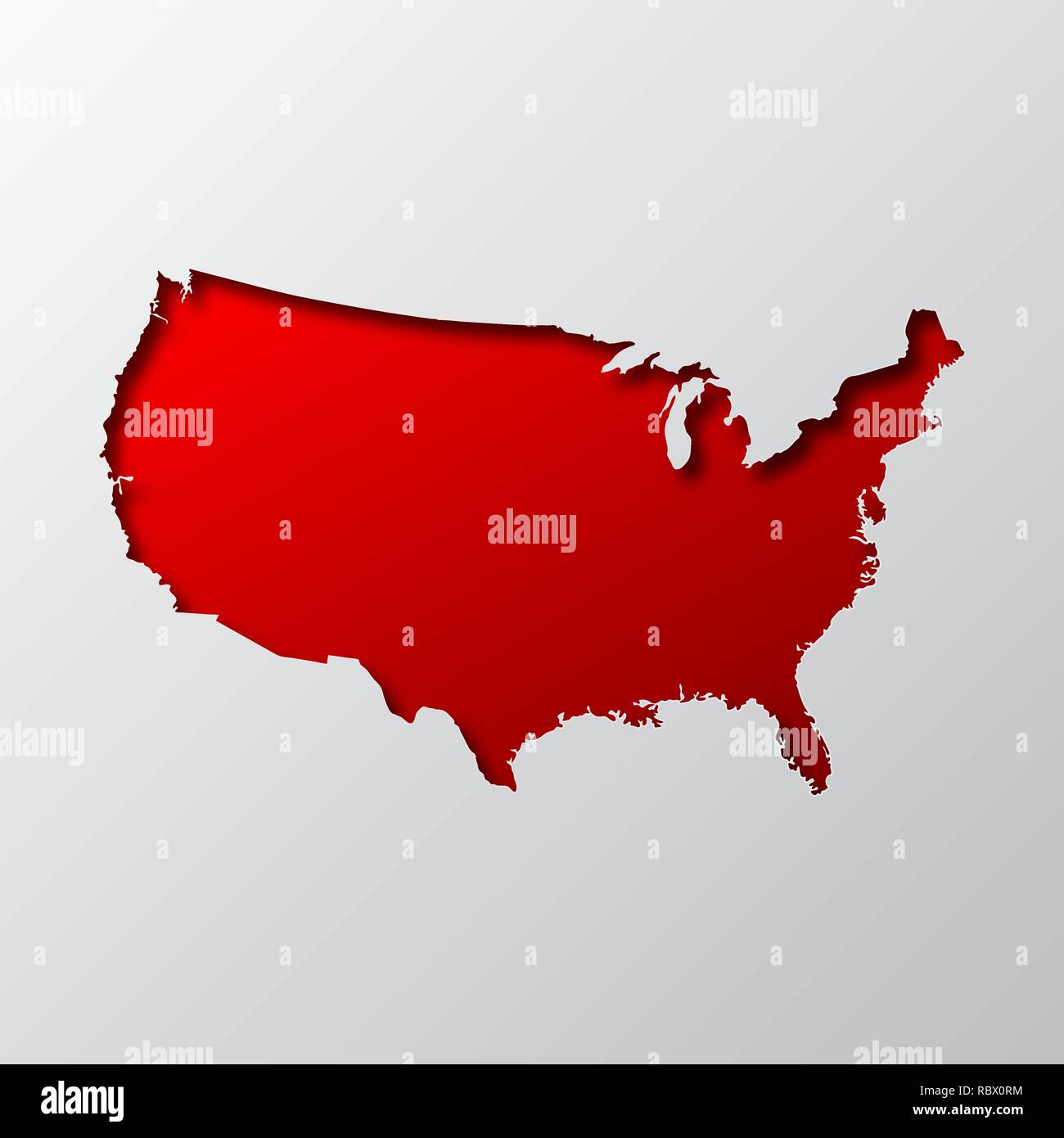 Red US map from cut paper with shadow. Vector illustration. Abstract US ...