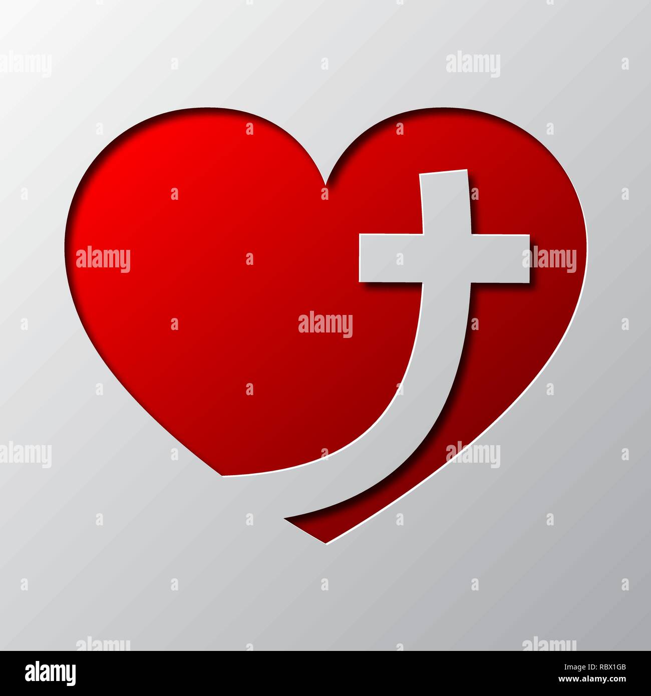 Paper art of the red heart with christian cross, isolated. Vector ...
