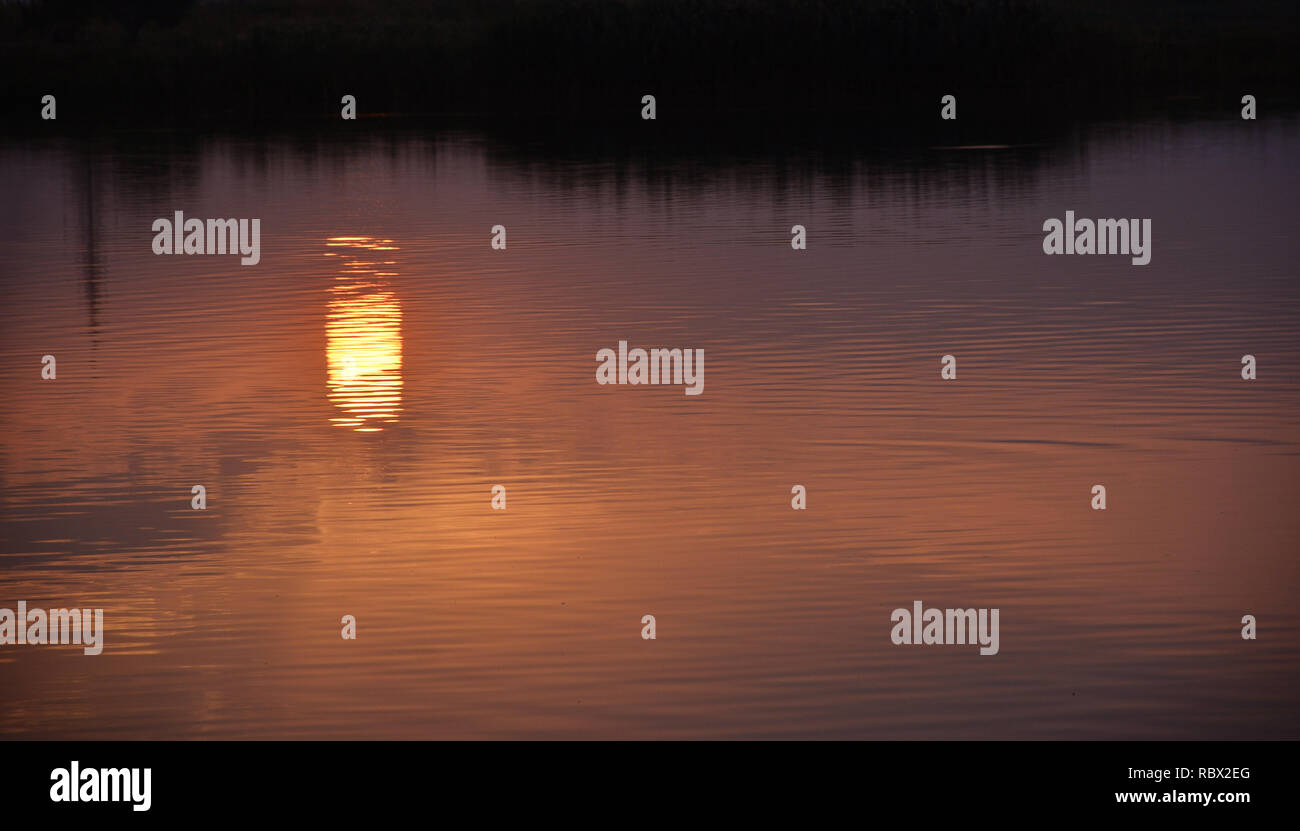 Autumn sunset at the lake. Water reflection of the light of sun and ...