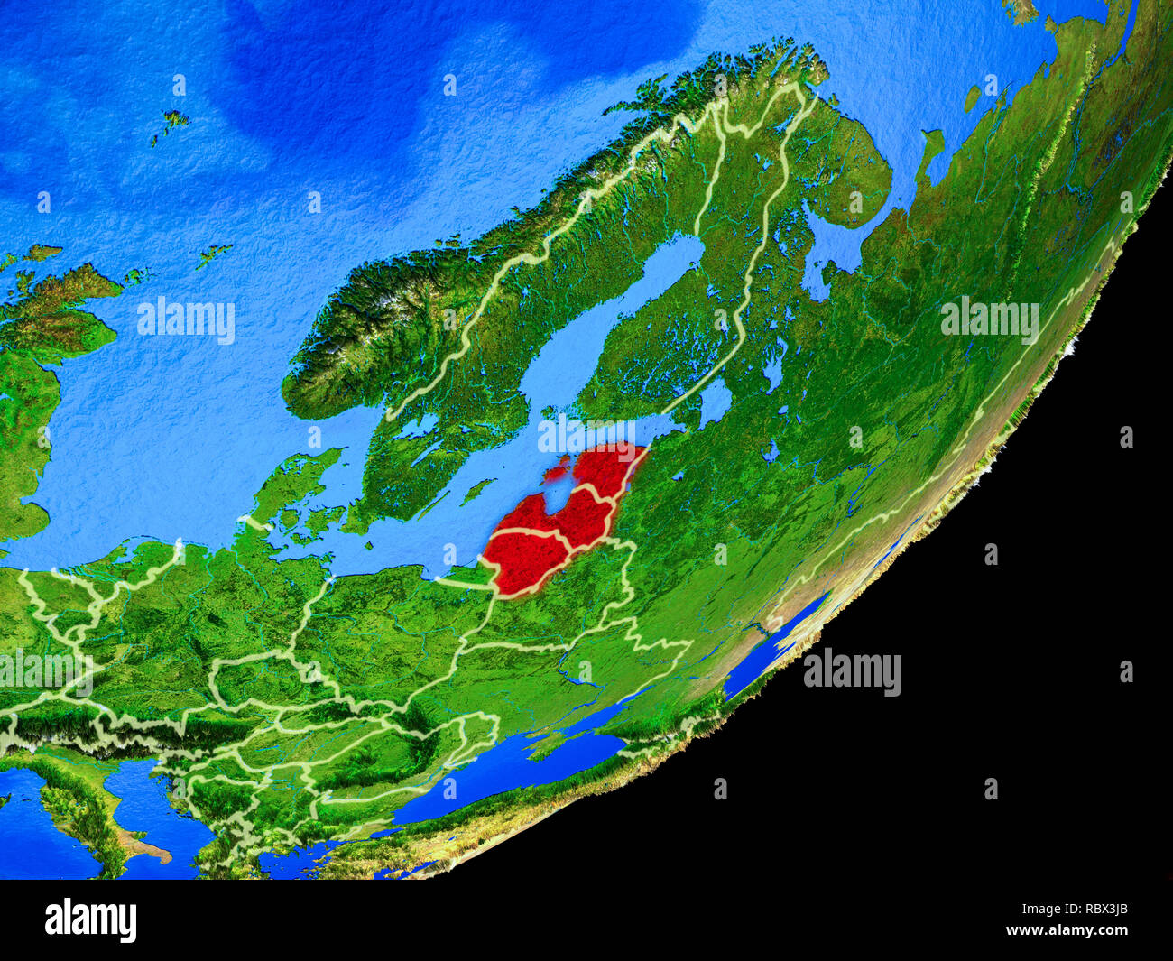 Baltic States on planet Earth with country borders and highly detailed ...