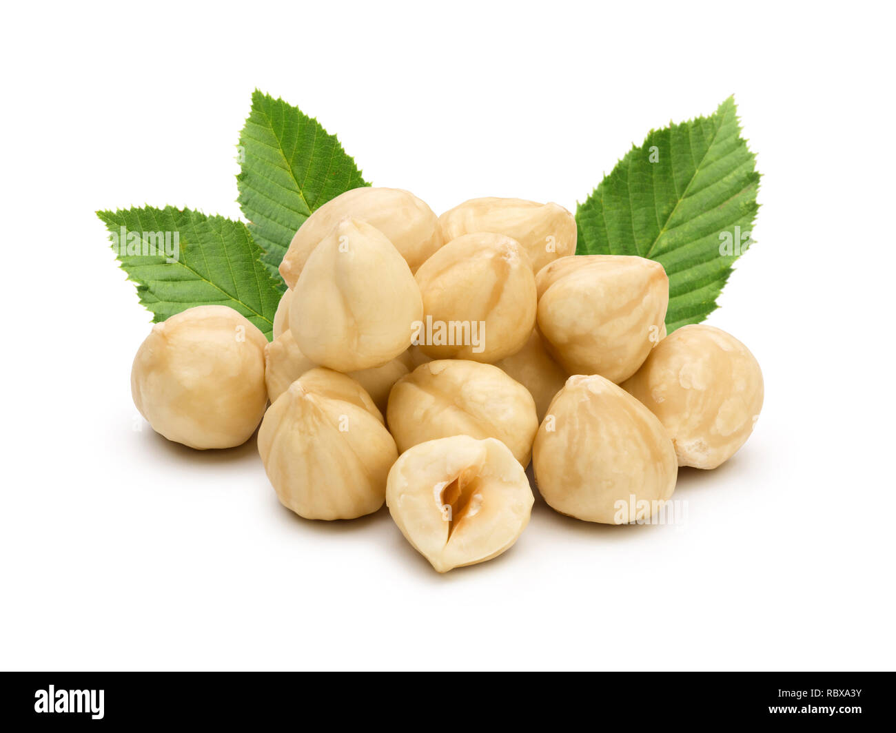 Peeled hazelnuts with leaves isolated on white background Stock Photo ...