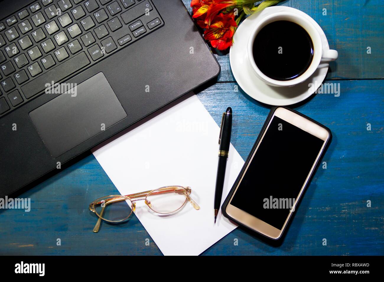 notebook and cell phone with flowers and note with place for text Stock ...