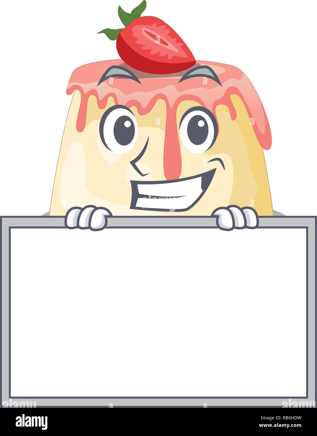 Grinning with board Strawberry pudding in wooden cartoon bowl Stock ...
