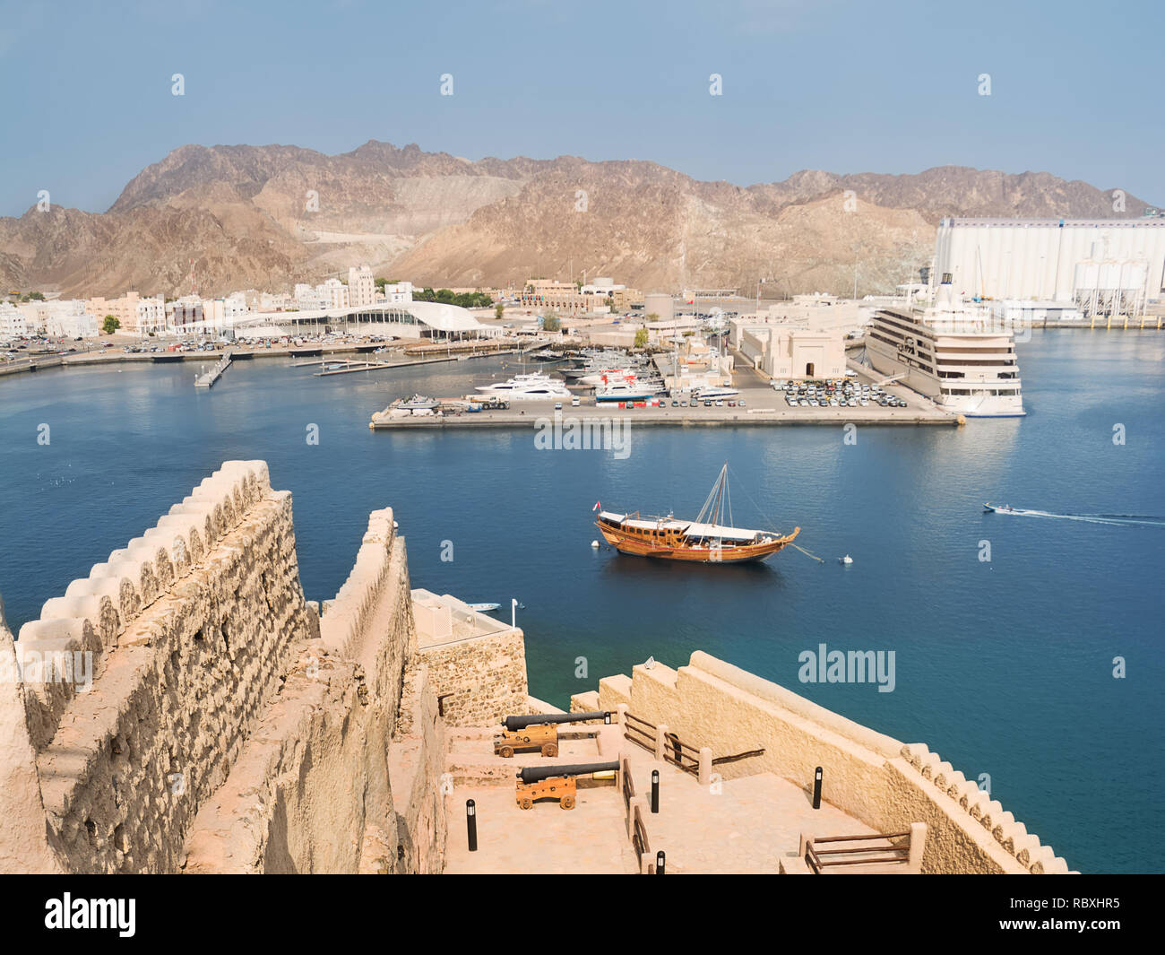 Muscat, Oman - November 1, 2018: View from Mutrah Fort on the entrance ...