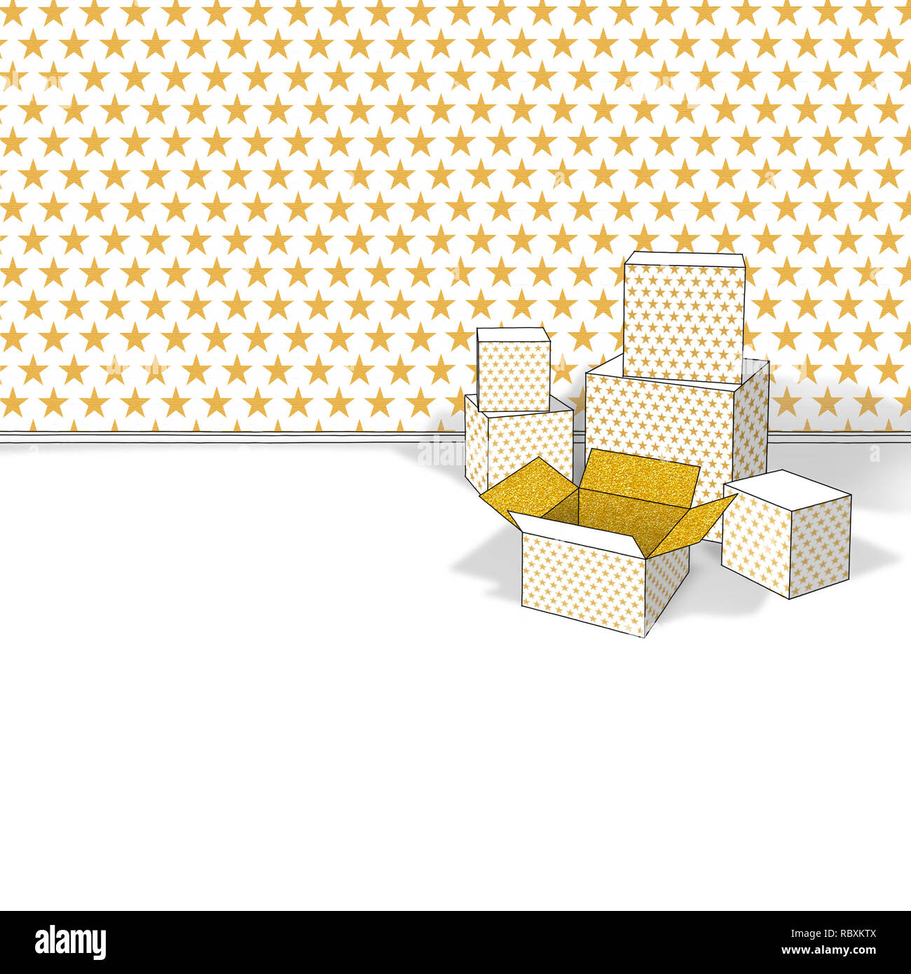 3d illustration rendering of golden star decorated Christmas boxes ...