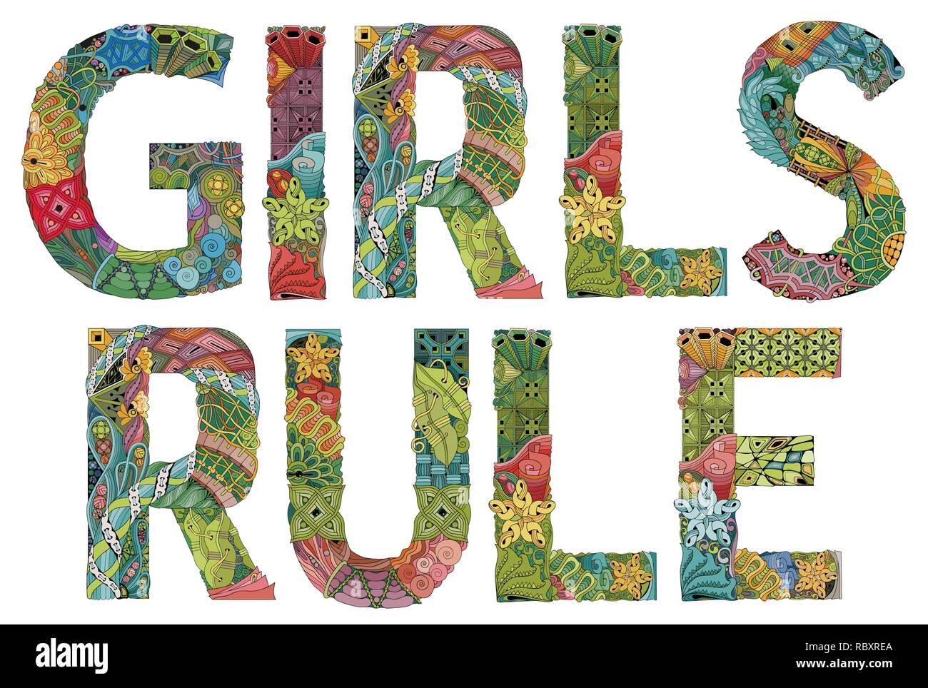 Hand-painted art design. Hand drawn illustration words GIRLS RULE for t ...