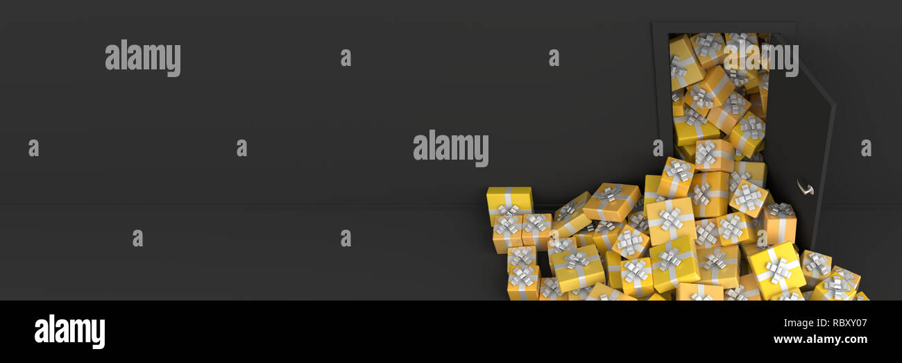 Infinite gift boxes getting out of a door, original 3d rendering Stock ...