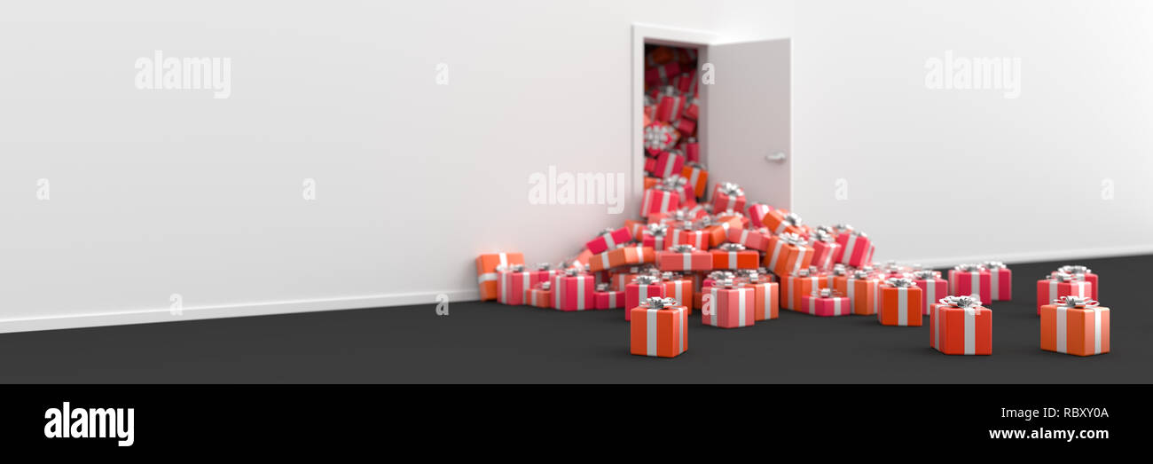 Infinite gift boxes getting out of a door, original 3d rendering Stock ...