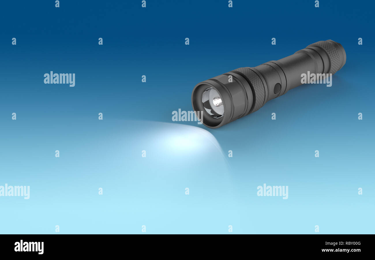 Flashlight and beam of light on a blue background. 3d rendering Stock ...
