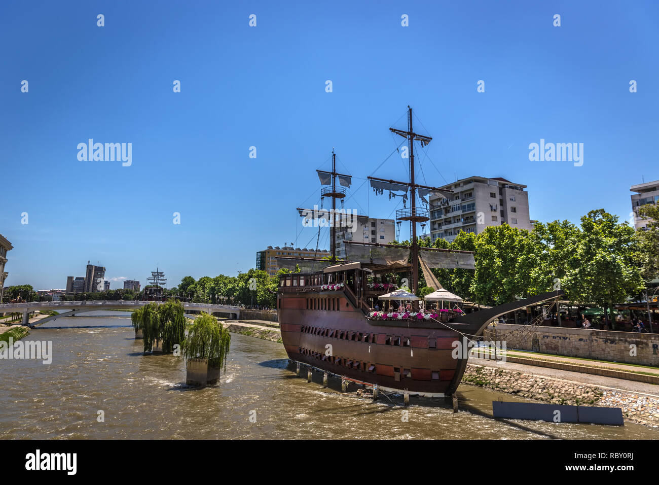 Skopje, Macedonia - May 31st 2018 - A colonial type ship in a shallow ...