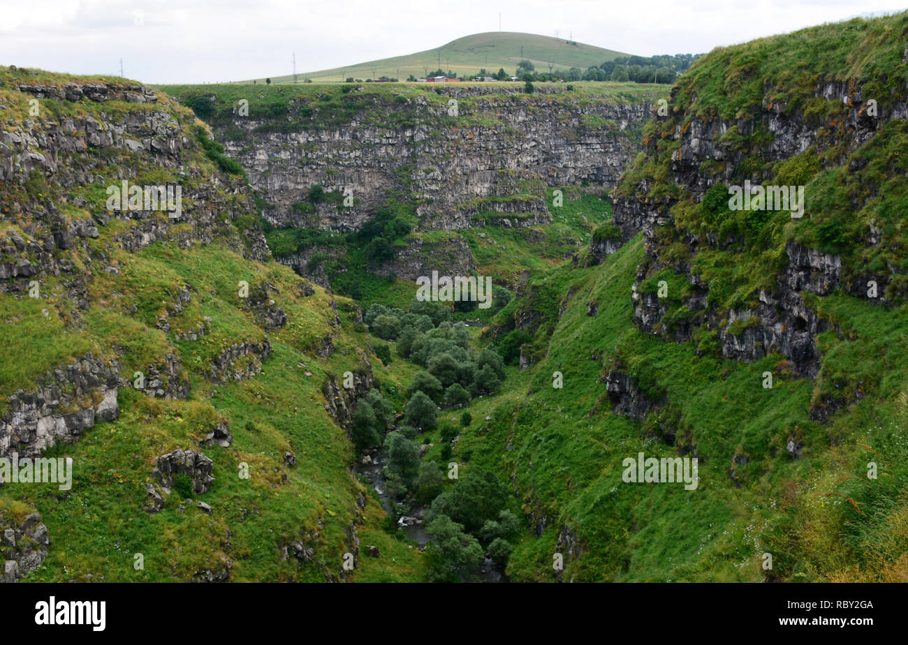 Forest river landscape. River passing through a narrow gorge. Rocky ...