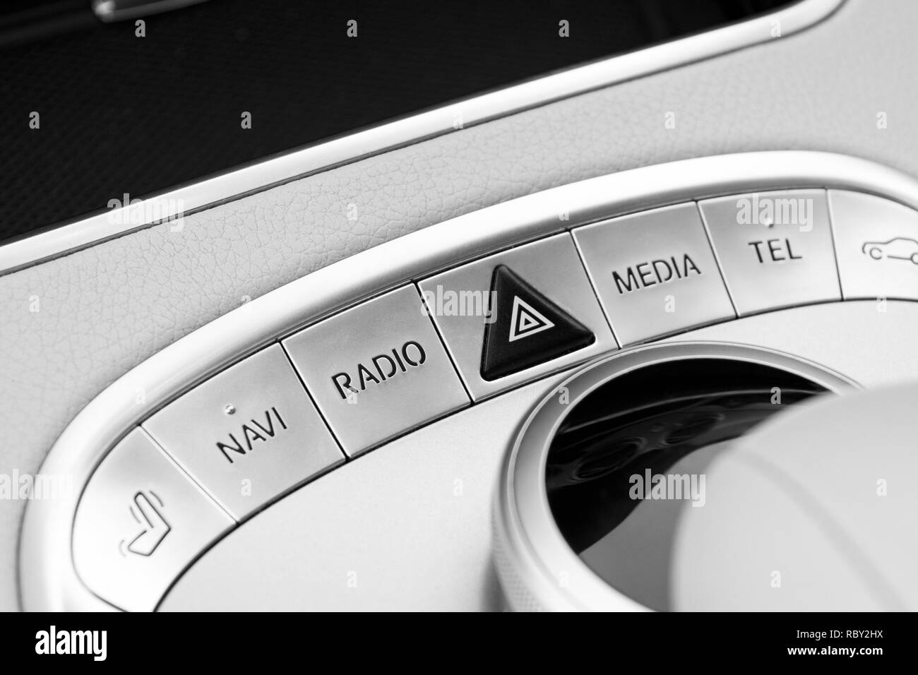Media and navigation control buttons of a Modern car. Car interior ...