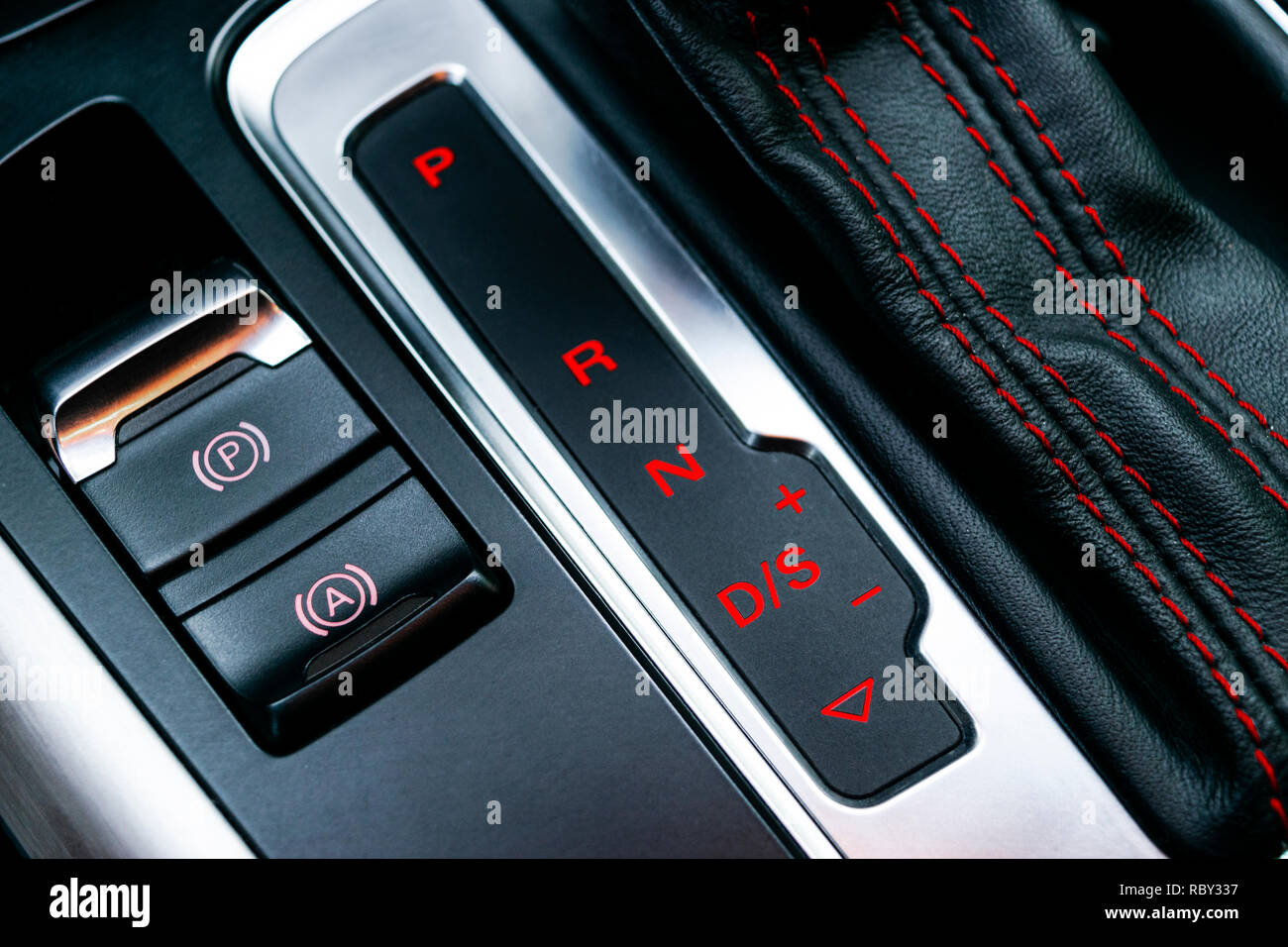 Automatic gear stick of a modern car. Maodern car interior details. Close up view. Car detailing ...