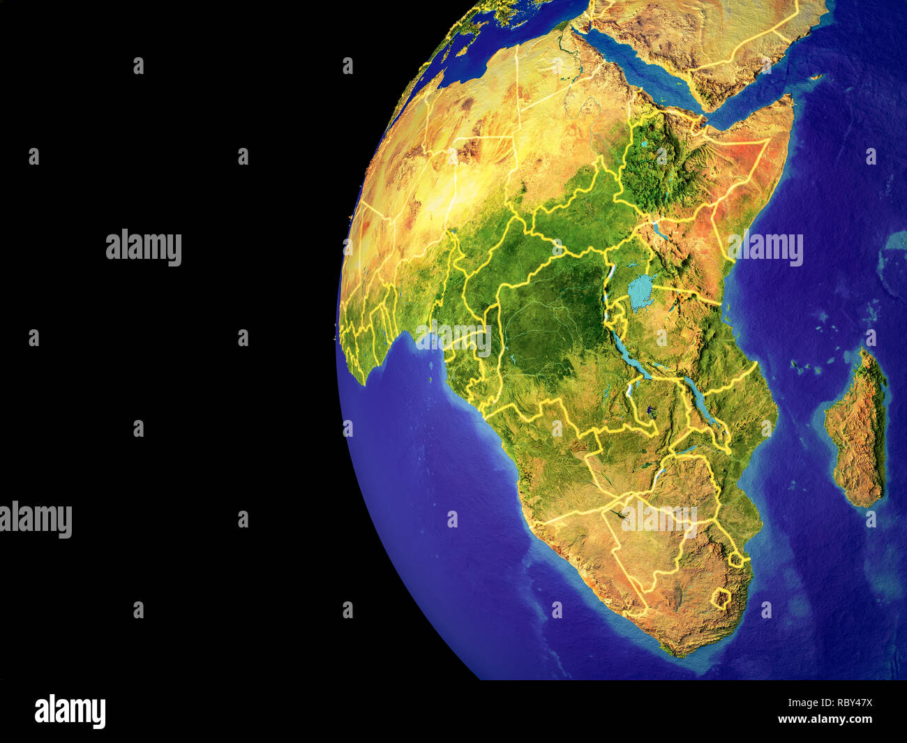 Satellite view of Africa from space with country borders. Very detailed ...