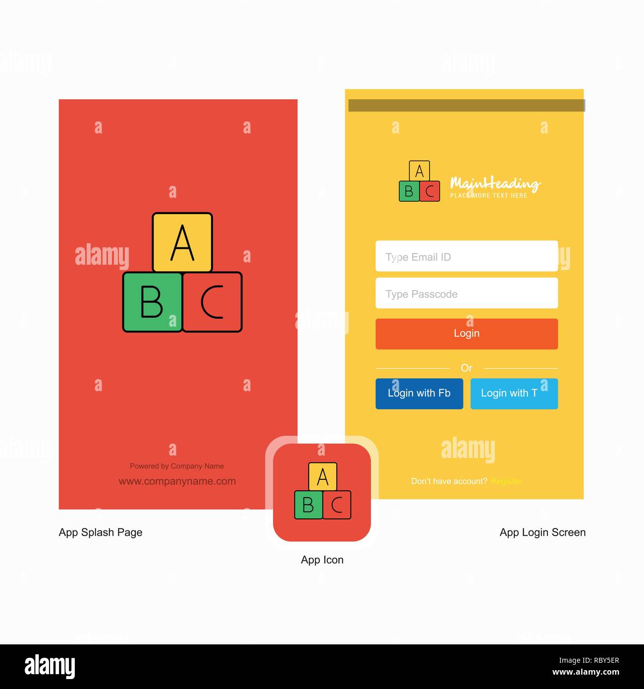 Company Alphabets blocks Splash Screen and Login Page design with Logo ...