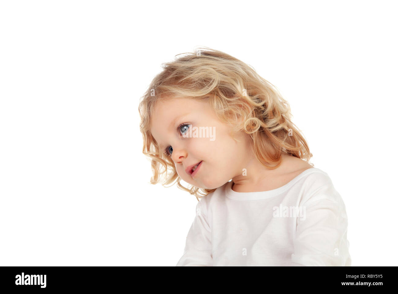 Beautiful little child looking up isolated on a white background Stock ...