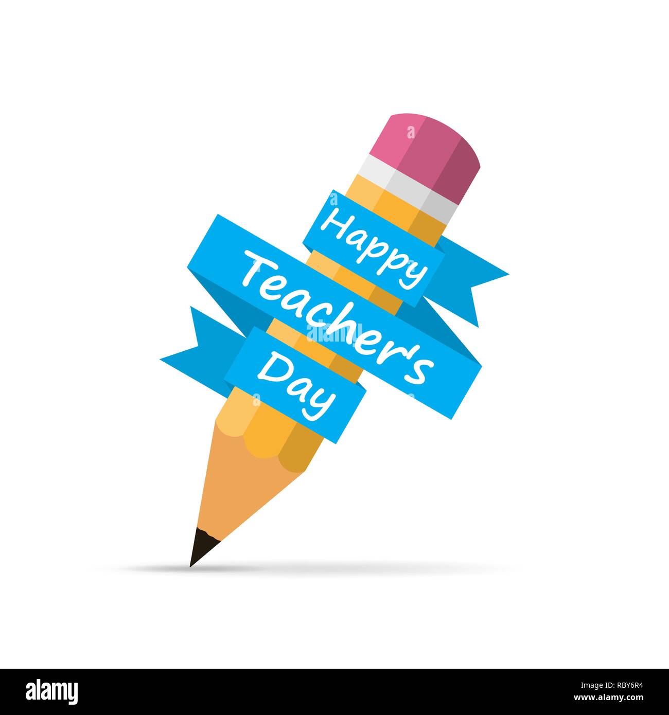 Happy Teachers Day Banner With Pencil And Ribbon Isolated On White