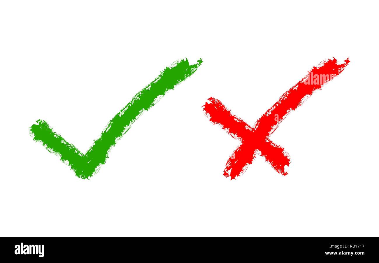 Hand drawn red cross and green check mark. Vector illustration. Symbols ...
