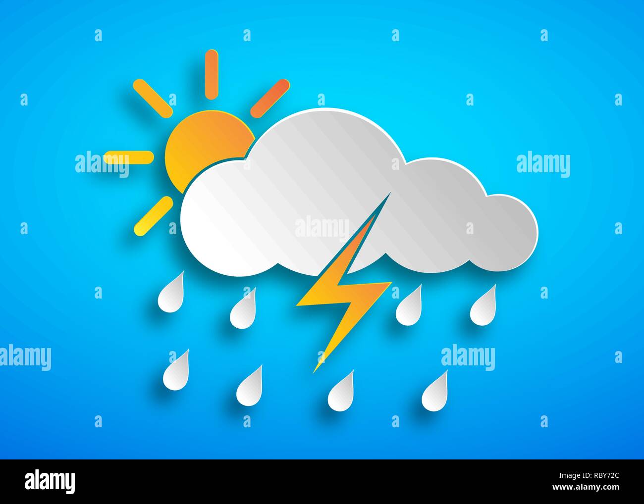 Paper art Hard Rain icon on blue background. Vector illustration. Paper ...