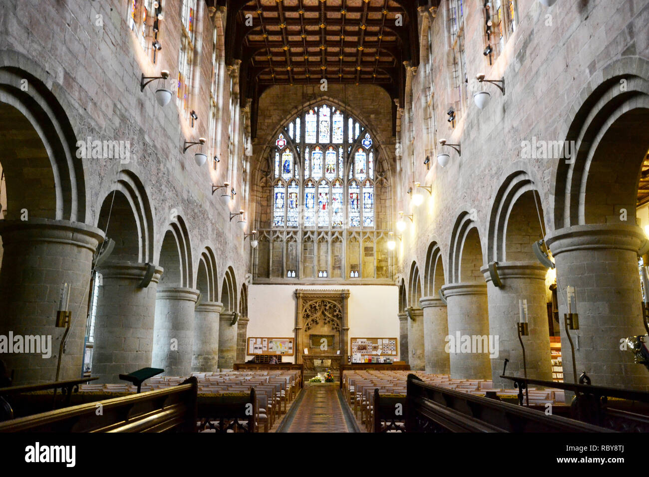 Inside Great Malvern Priory, Malvern, Worcestershire, UK. View from the ...