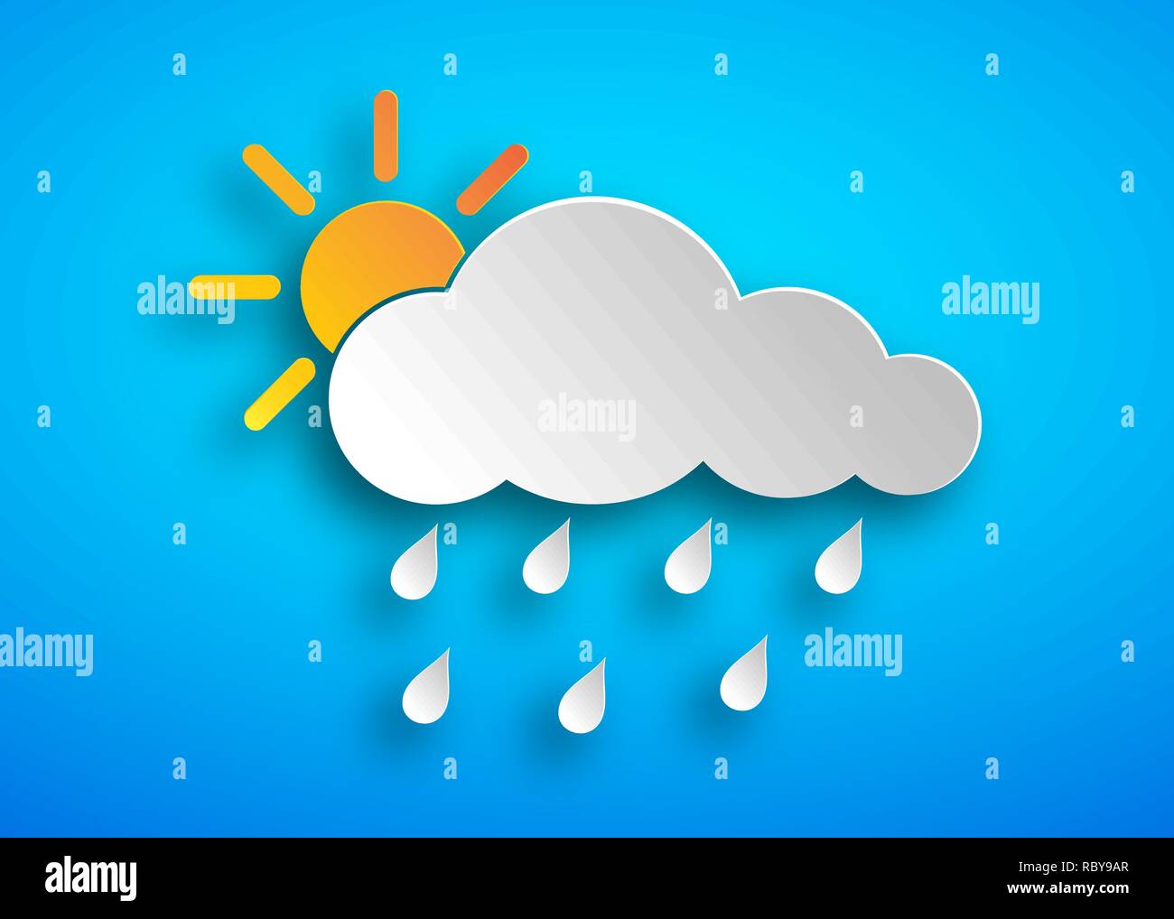 Paper art Rain icon on blue background. Vector illustration. Paper art ...