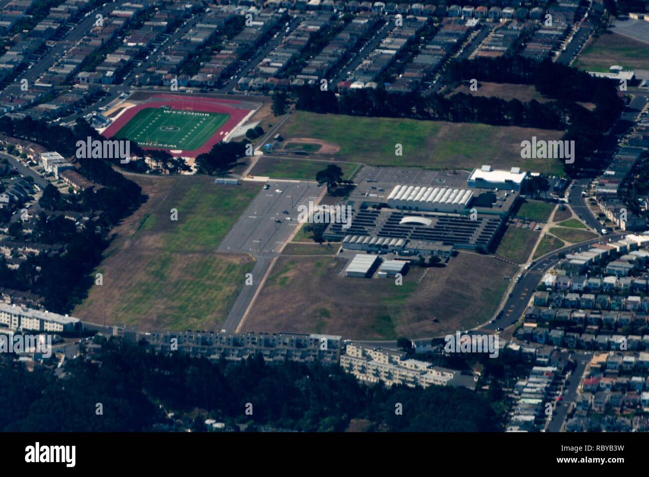 Aerial view of Westmoor High School and football stadium in San ...
