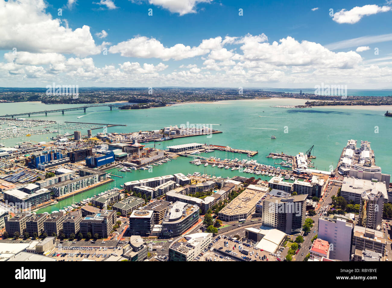 Auckland bridge and harbour view from observation deck on a sunny day ...