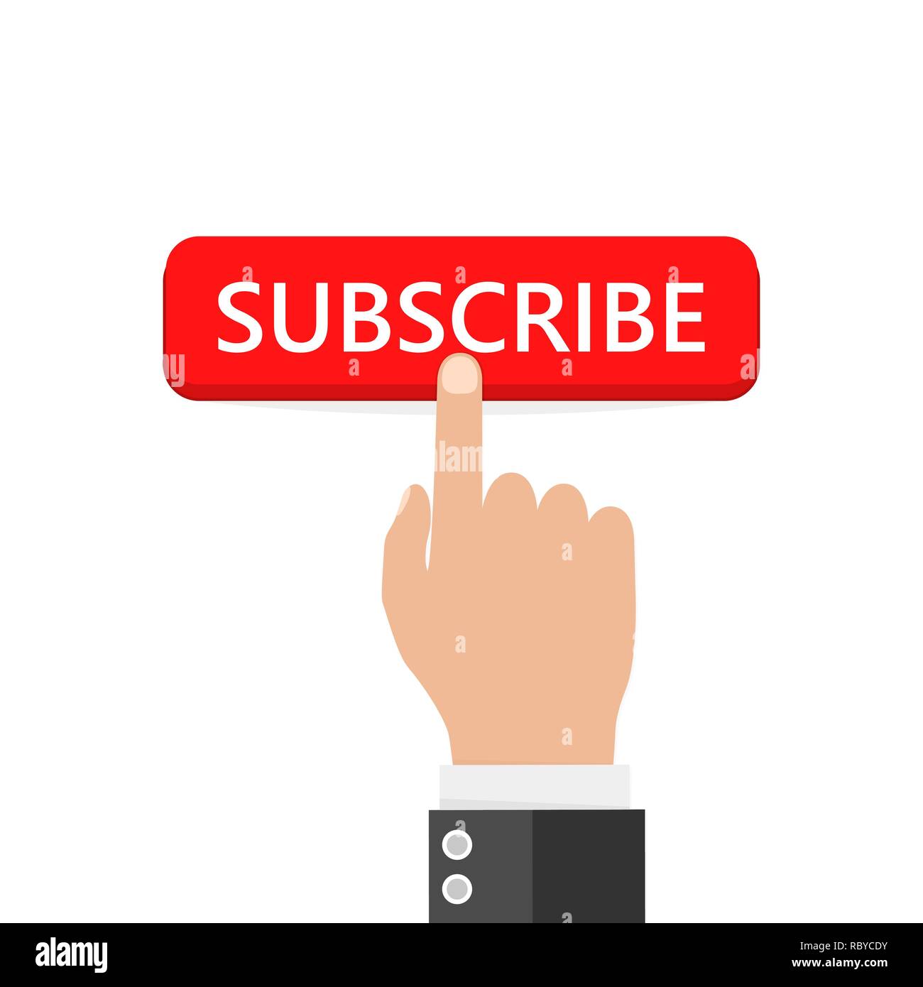 Click the button to subscribe. Vector illustration. Hand presses the ...