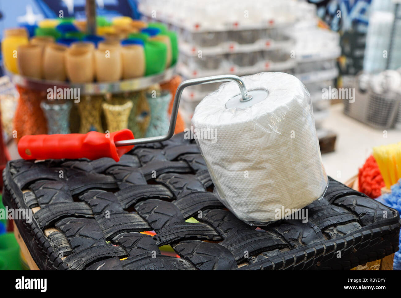 Close-up image of toilet paper on an original toilet paper holder Stock ...