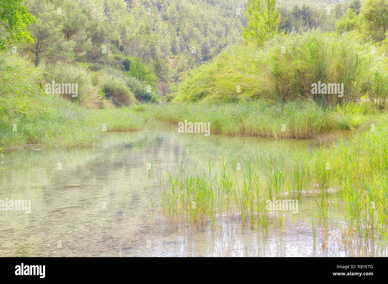 Touristic village of Montanejos. Mijares river. Natural and wild green ...