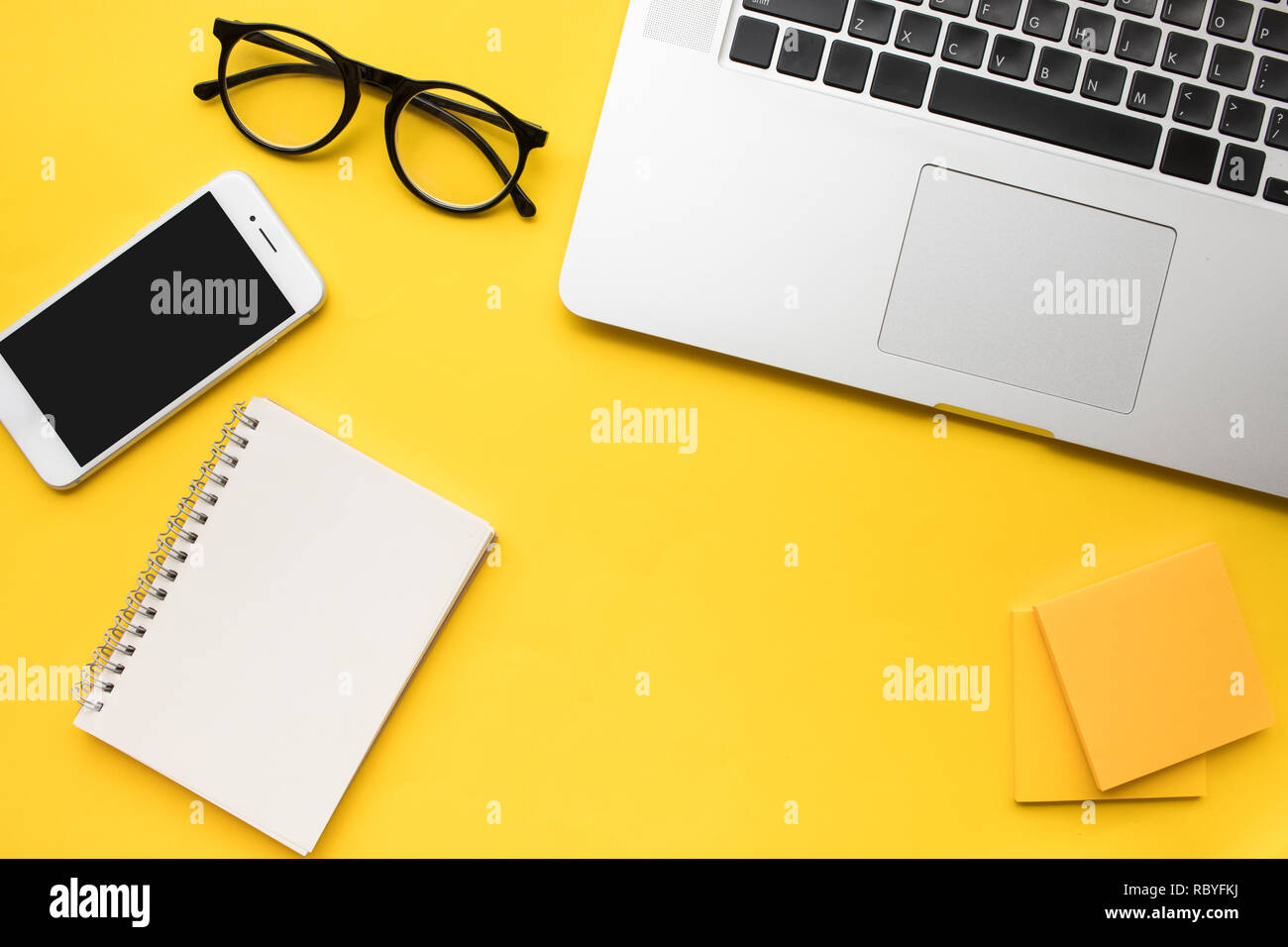 Top view of office desk table with modern accessories,supplies on color ...