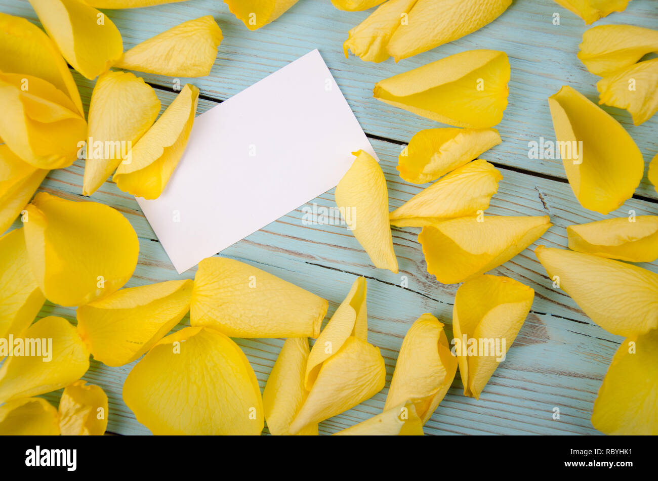 Visiting card in rose petals on rustic wooden background romantic ...