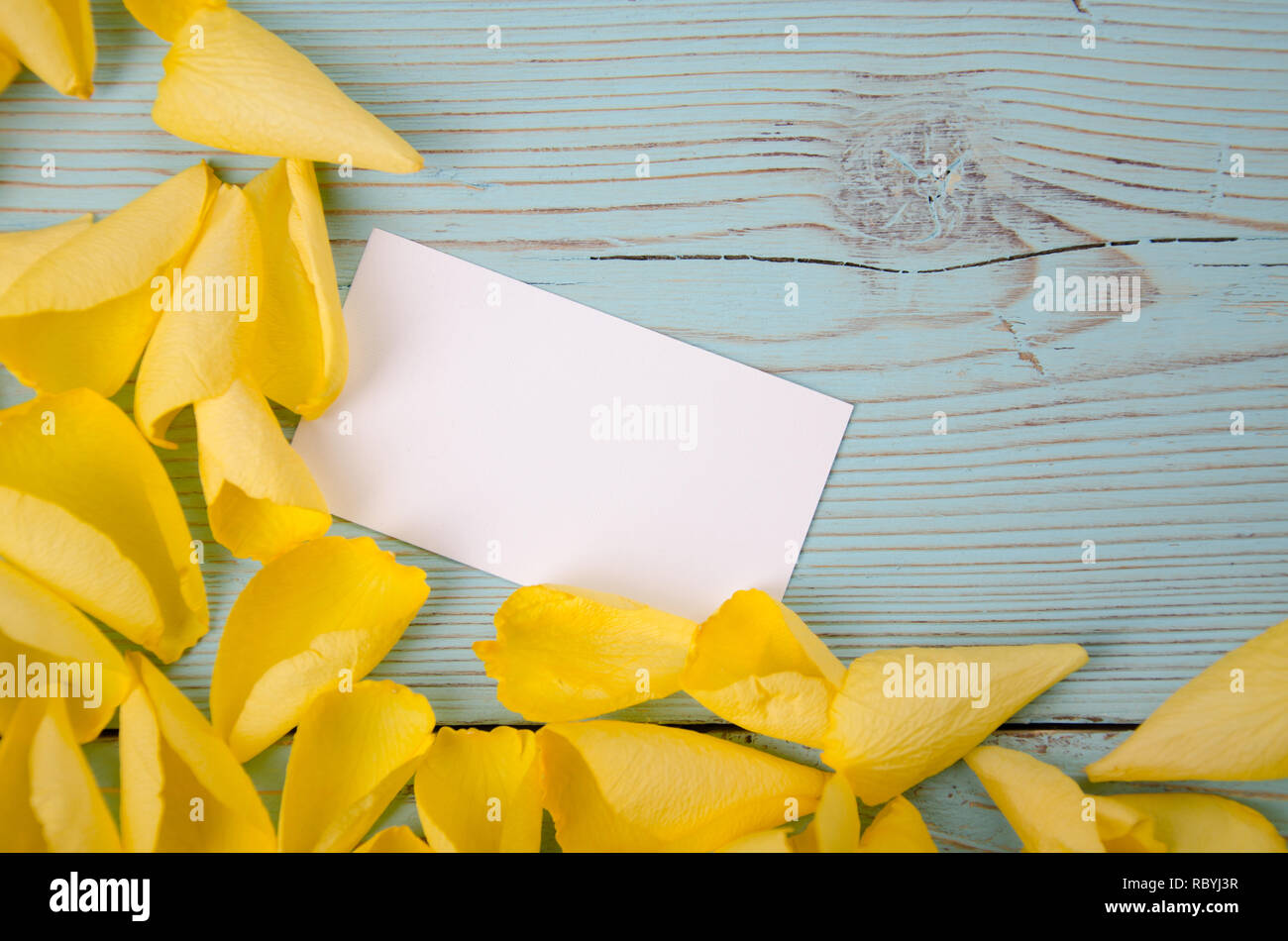 Visiting card in rose petals on rustic wooden background romantic ...