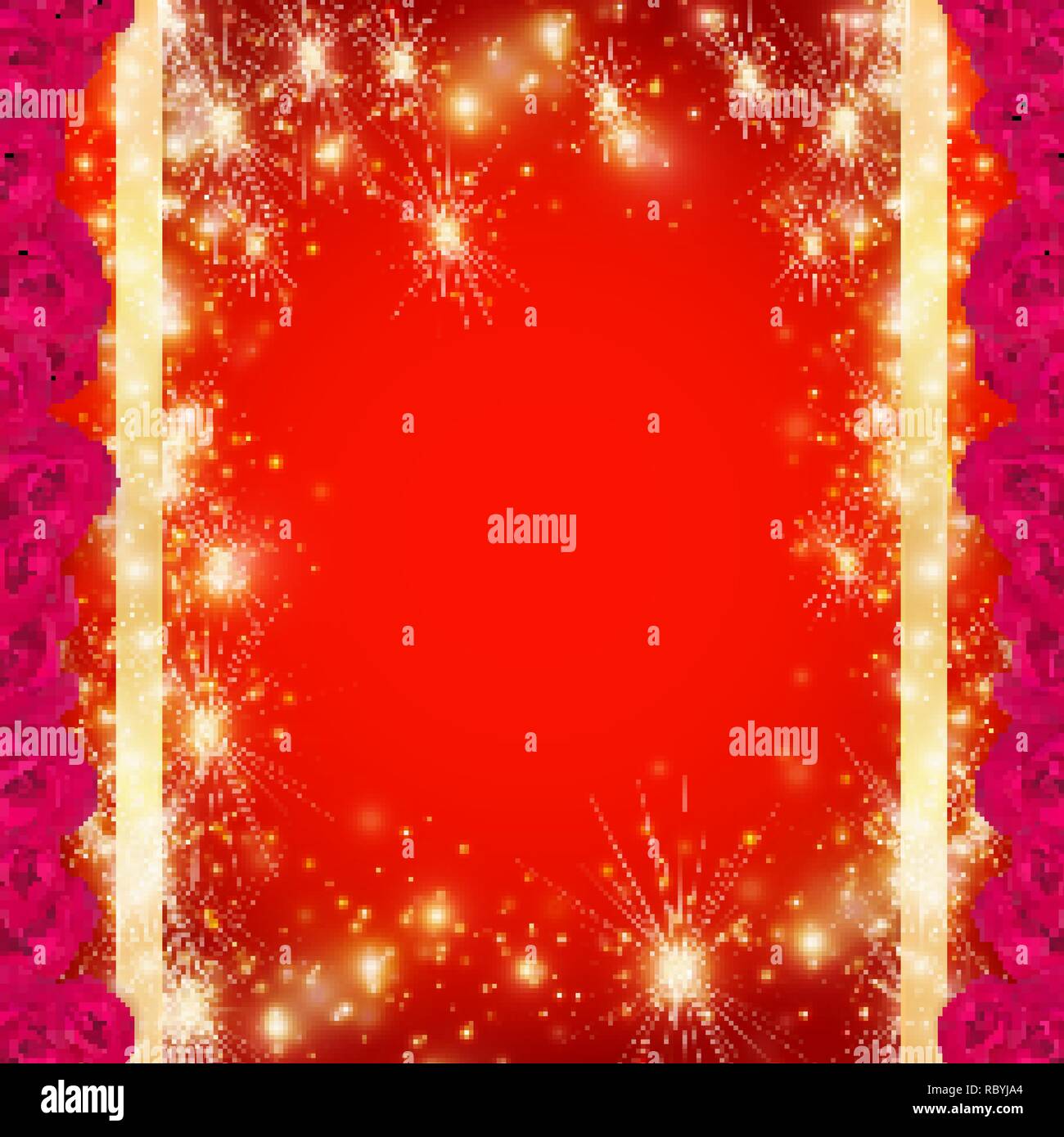 Vector Bright red greeting card with gold ribbons sequins and roses for ...